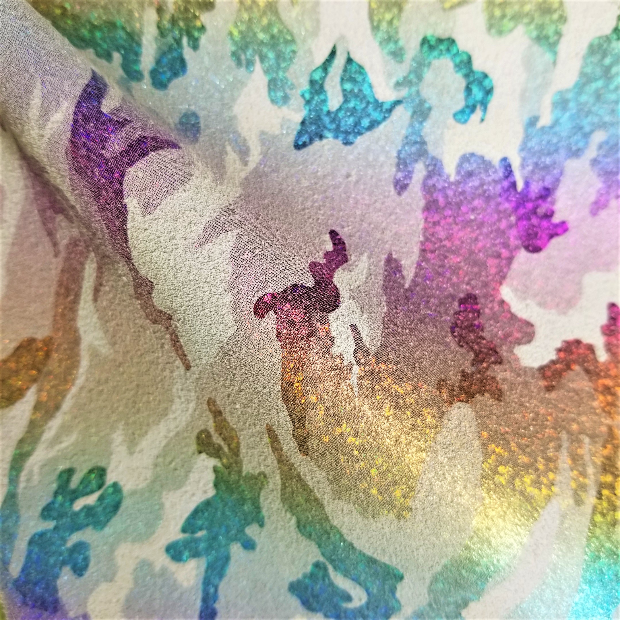 Rainbow Confetti Camouflage on White Cow Suede - Rainbow Leather