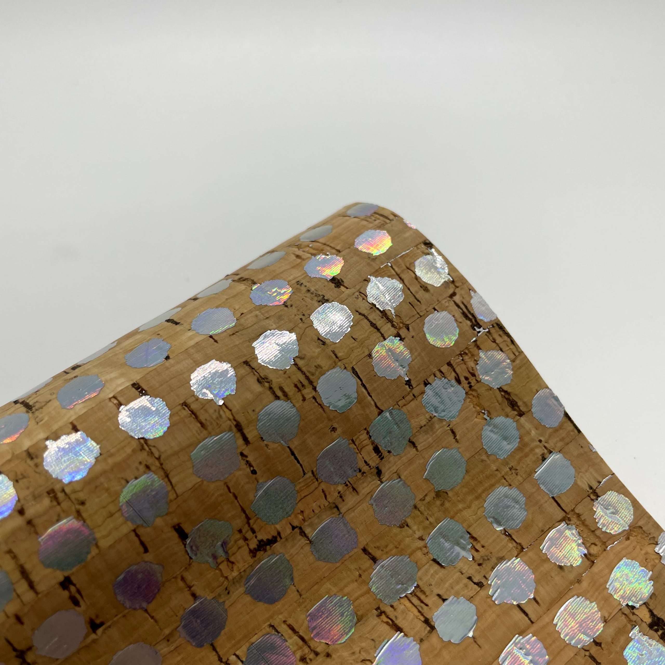 Holographic Polka- Dots on Natural Cork - Rainbow Leather