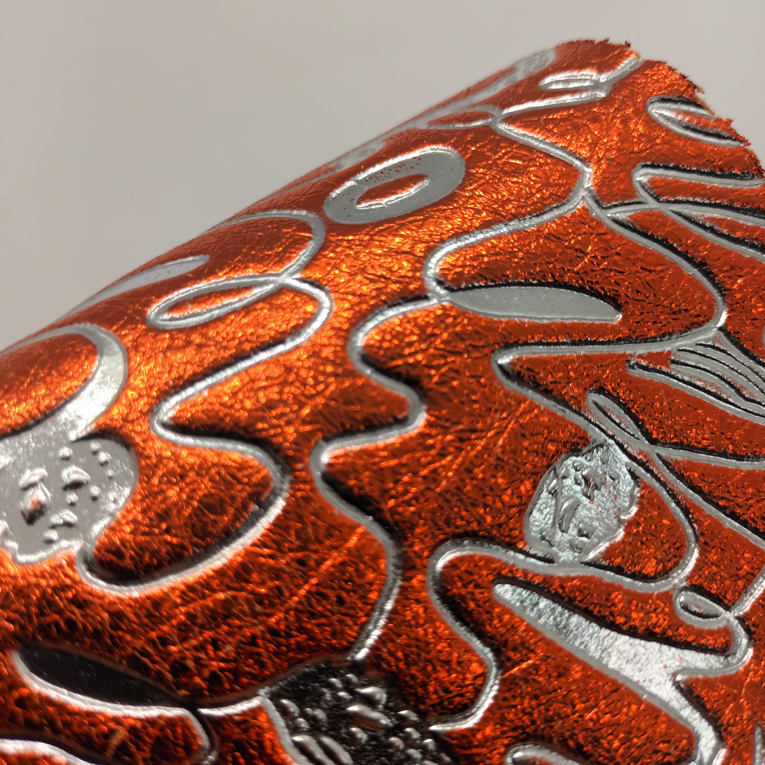Silver Scribble Emboss on Orange Metallic Leather - Rainbow Leather