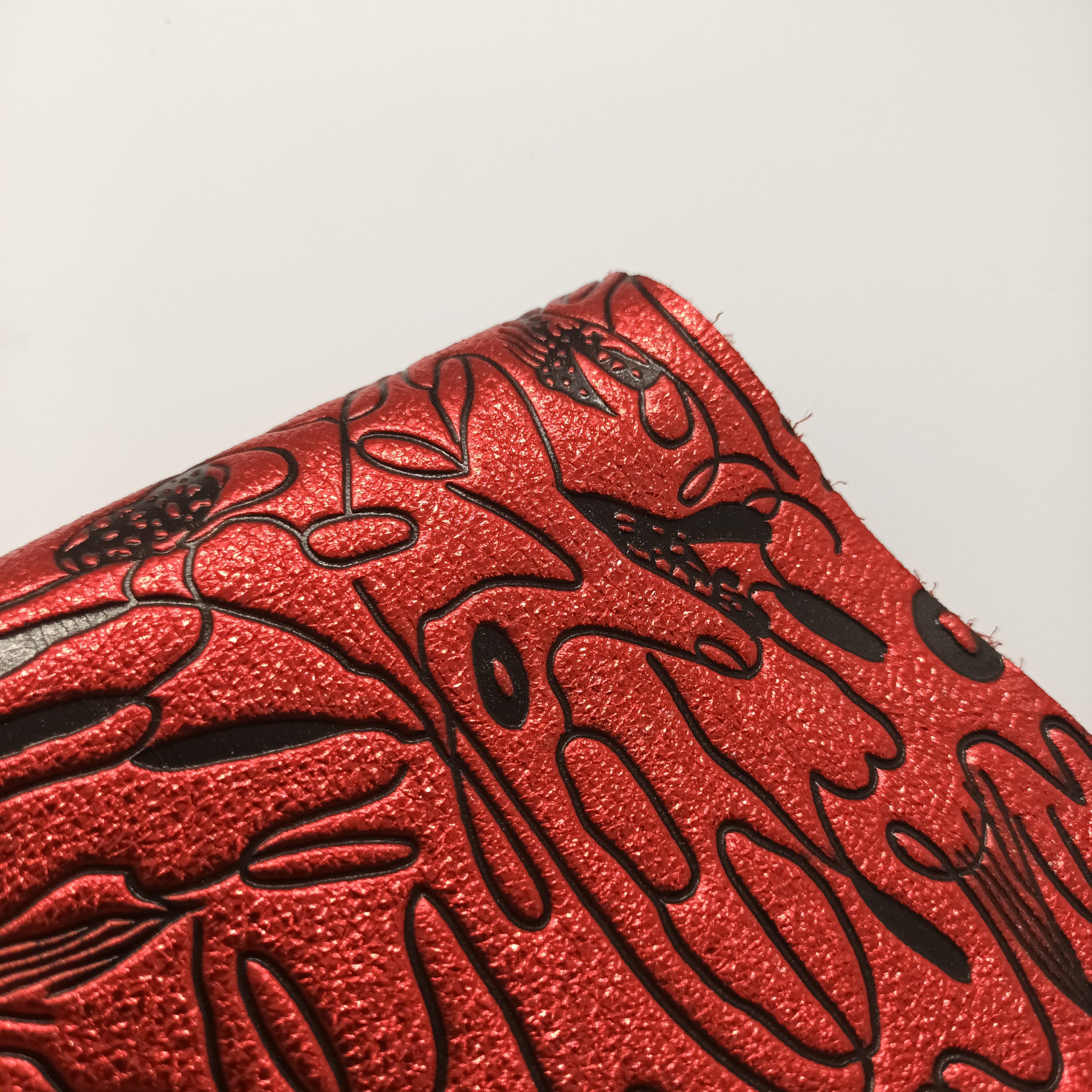Black Scribble Emboss on Red Metallic Leather - Rainbow Leather