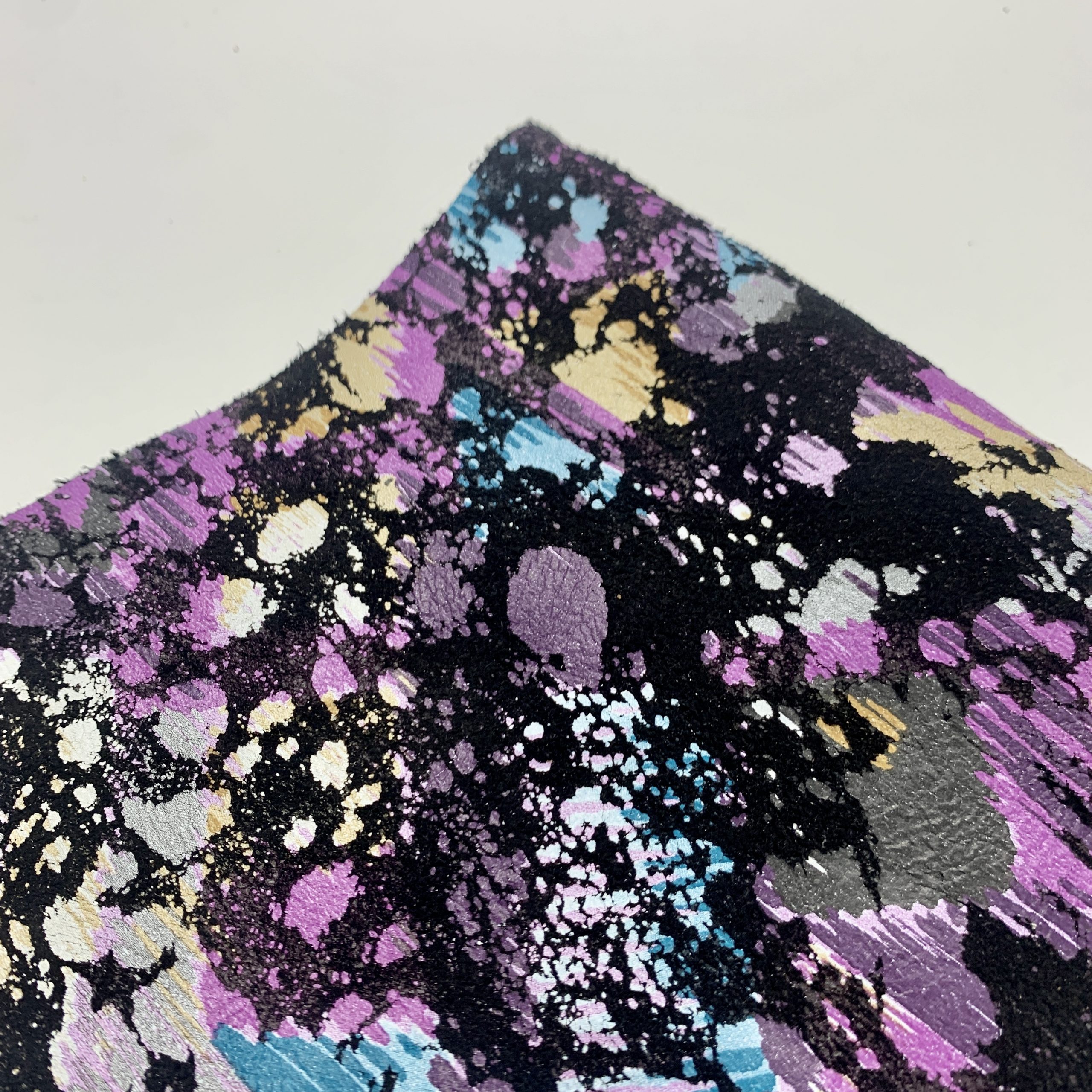 Bohemian Graffiti Paint Splash on Black Cow Suede - Rainbow Leather