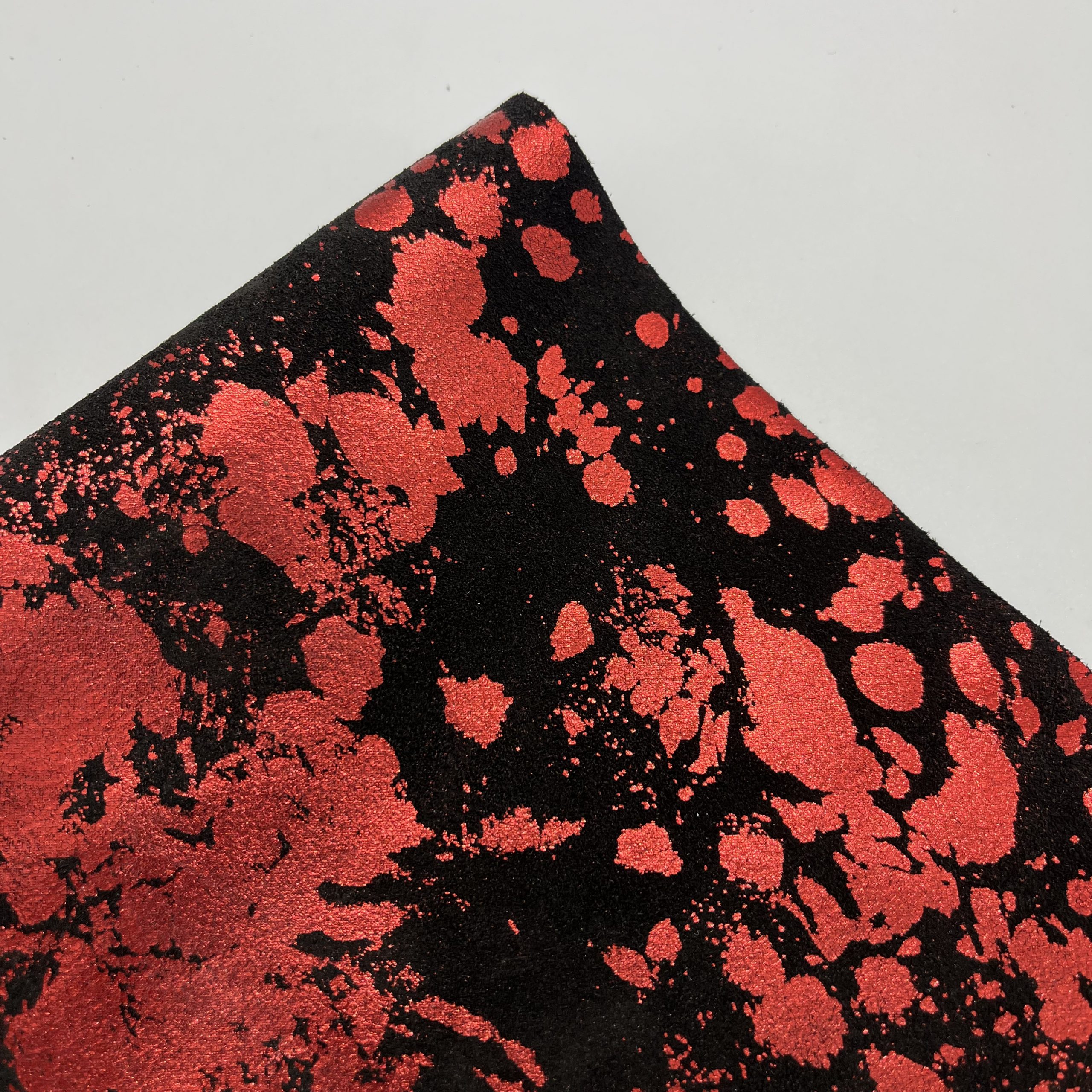 Red Paint Splash on Black Cow Suede - Rainbow Leather