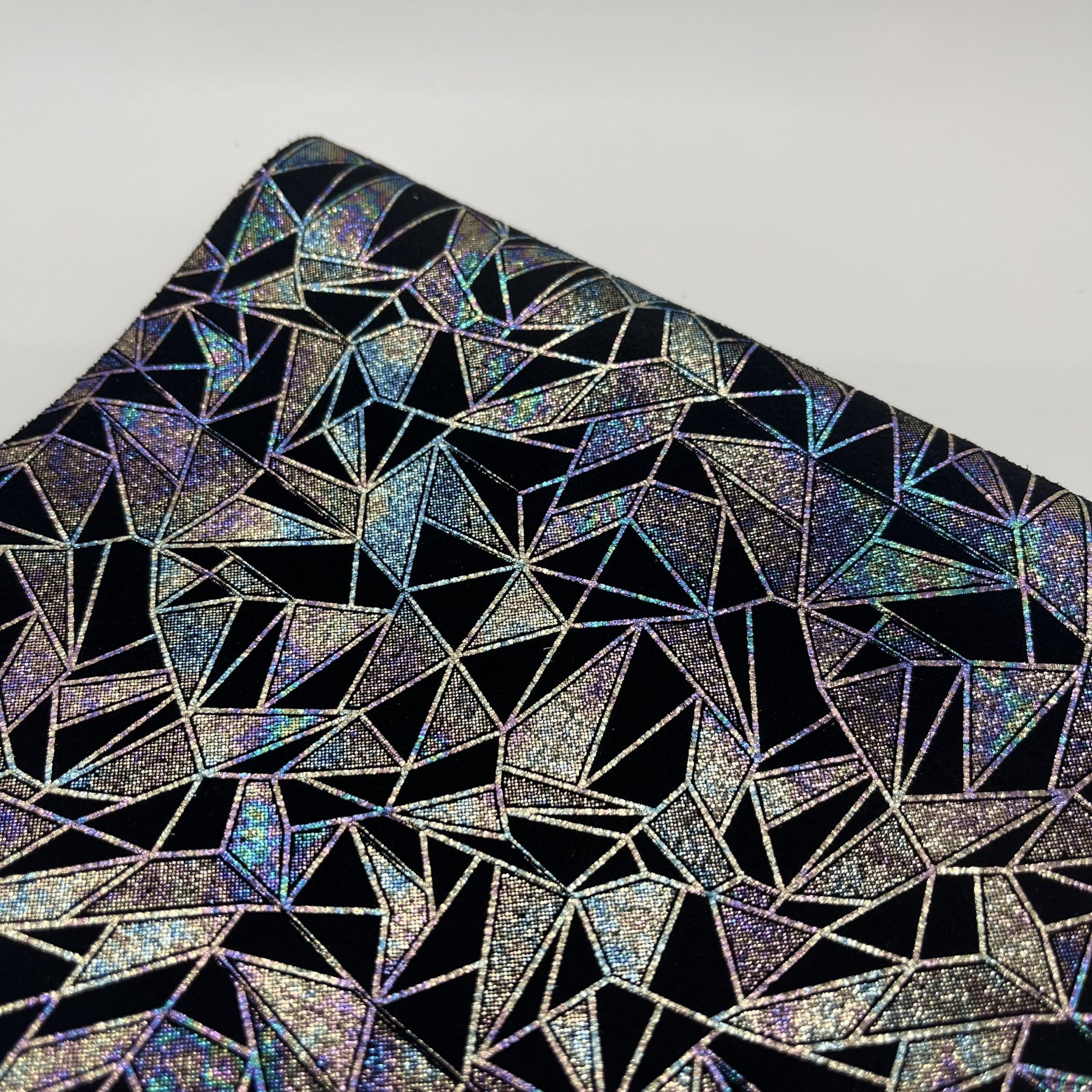 Sound Iridescent Geo Mosaic on Black Cow Suede - Rainbow Leather